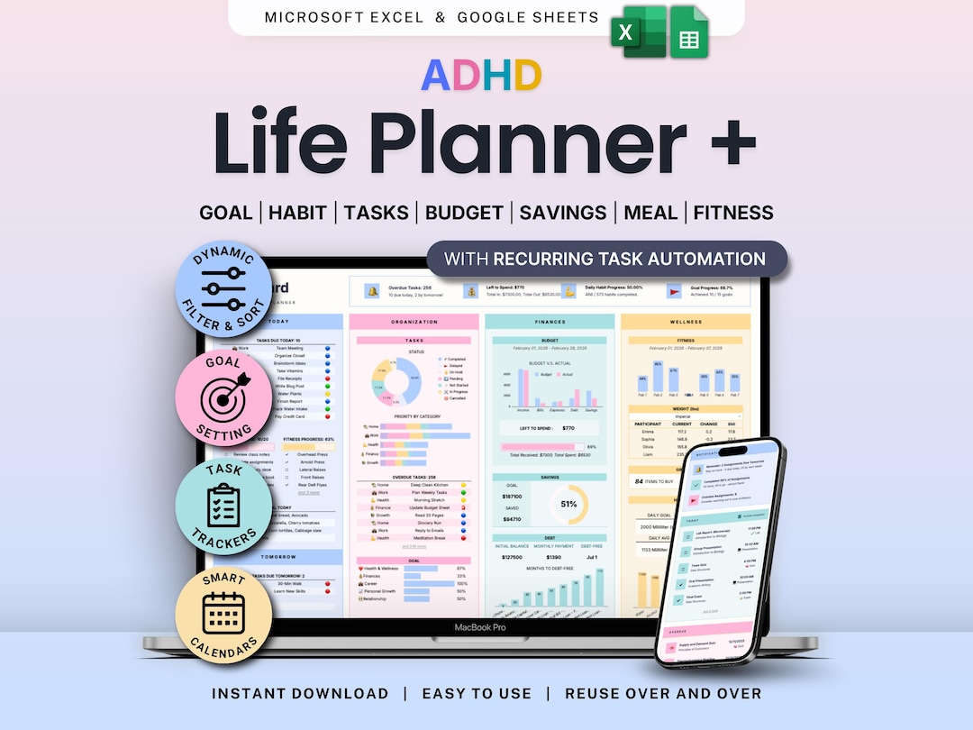 ADHD Life Planner Google Sheets Excel Daily Planner Budget Tracker ...