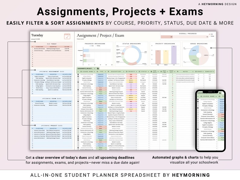 Academic Student Planner Google Sheets Assignment Tracker Spreadsheet University Study Planner ...