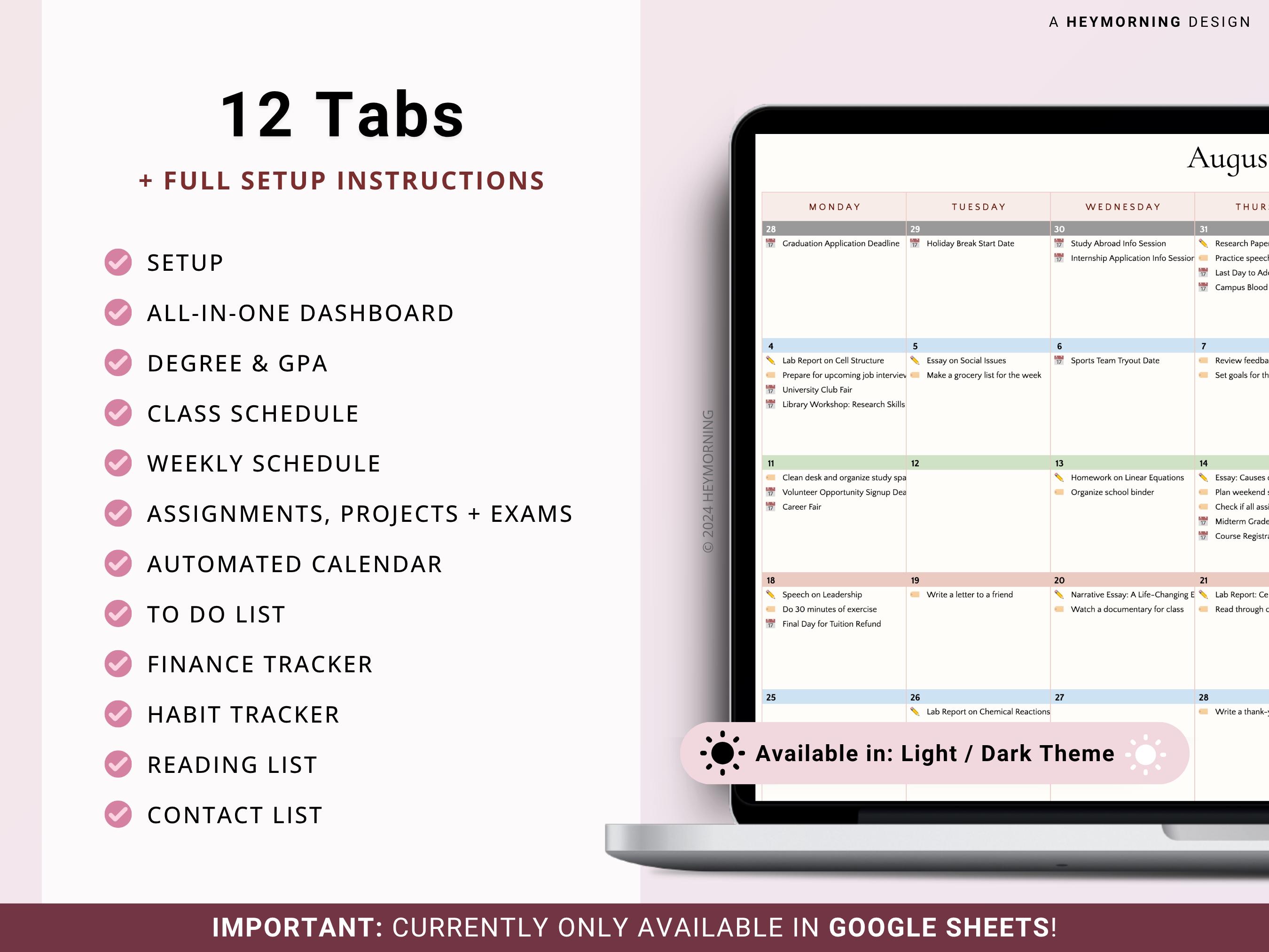 Academic Student Planner Google Sheets Assignment Tracker Spreadsheet ...