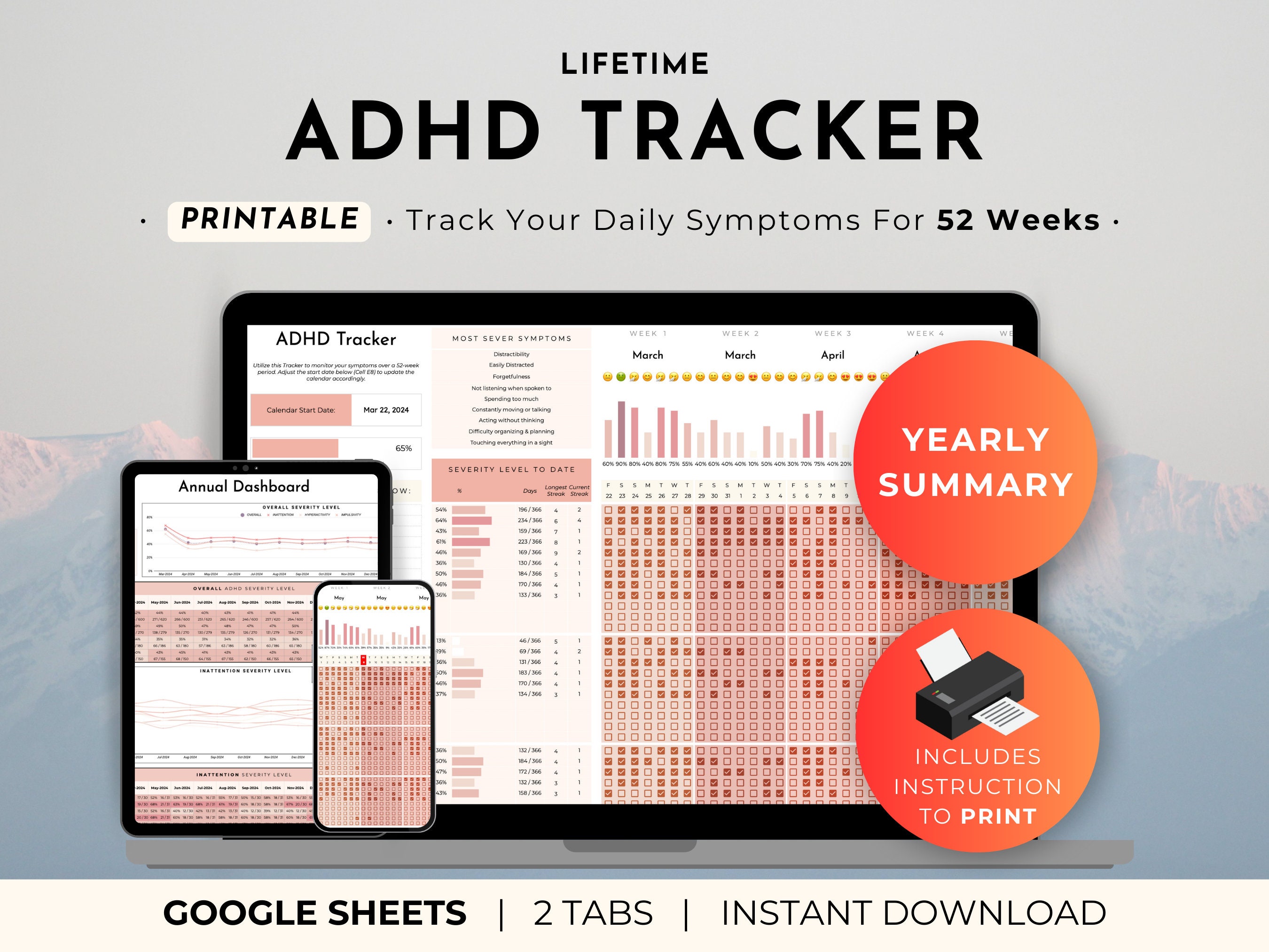 ADHD Tracker Google Sheets Symptom Tracker Spreadsheet Annual ADHD ...