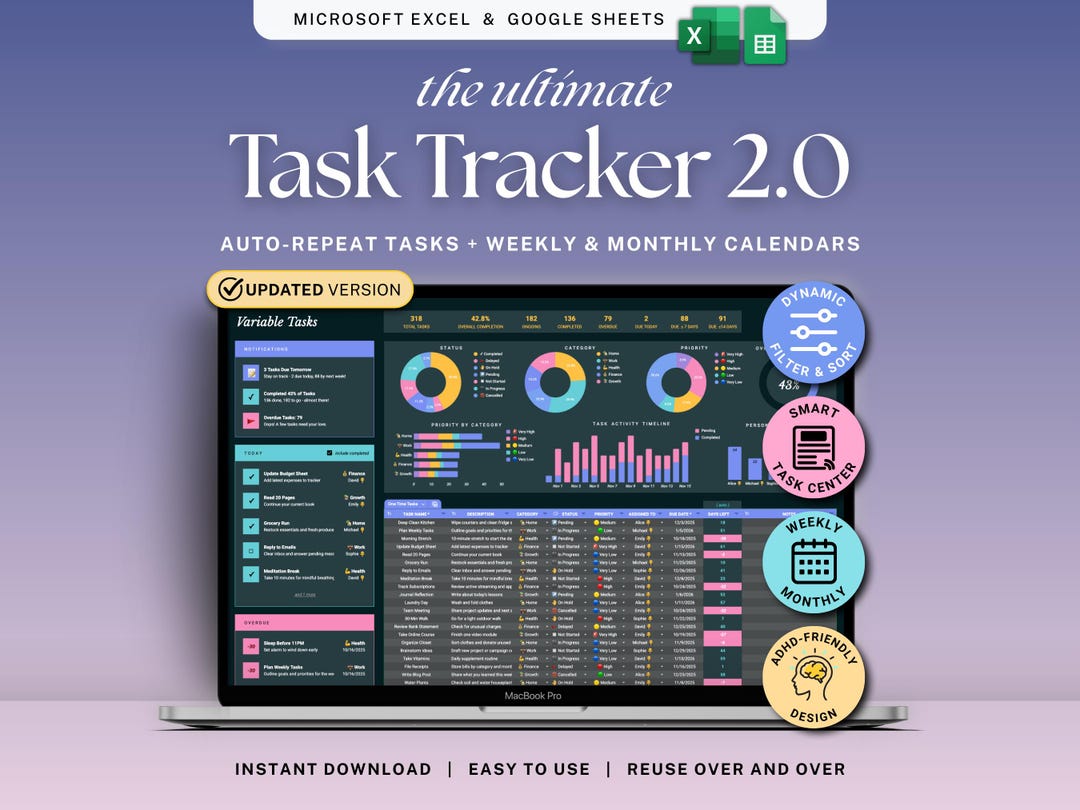 Task Tracker Spreadsheet Dark Mode Recurring Task Planner Google Sheets ...