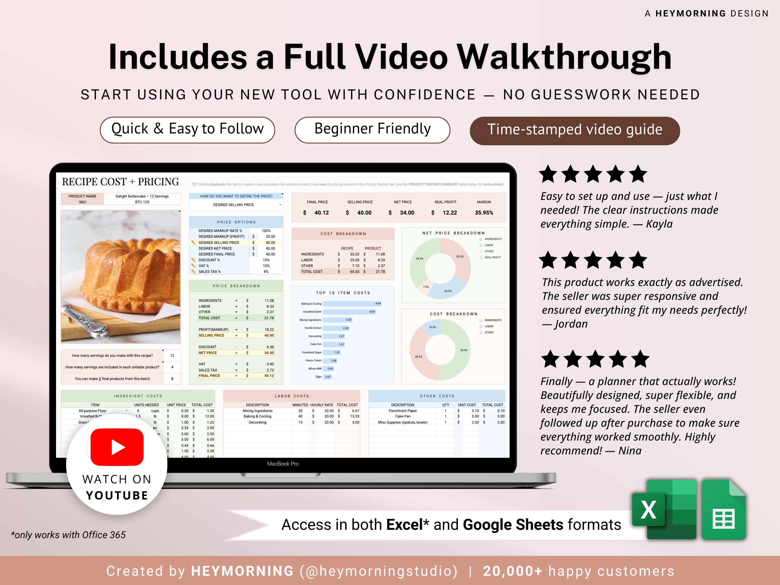 Recipe Cost and Pricing Calculator Spreadsheet for Bakery and Food ...