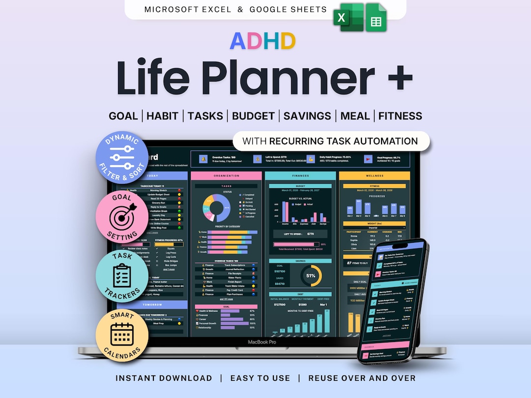 ADHD Life Planner Dark Mode Google Sheets Budget Tracker Excel Daily ...