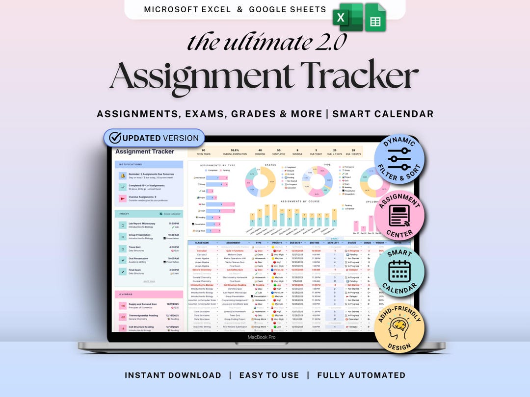 Assignment Tracker Google Sheets Excel Student Planner Spreadsheet ...