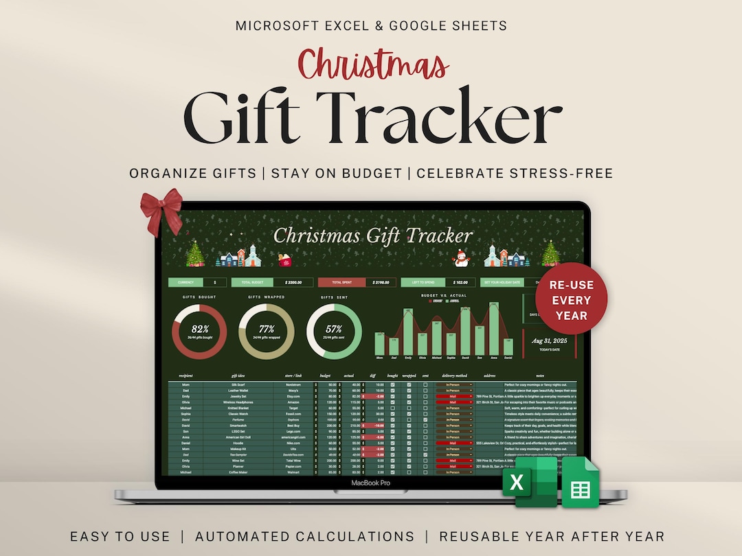 Christmas Gift Tracker Spreadsheet Dark Mode Holiday Gift Planner ...