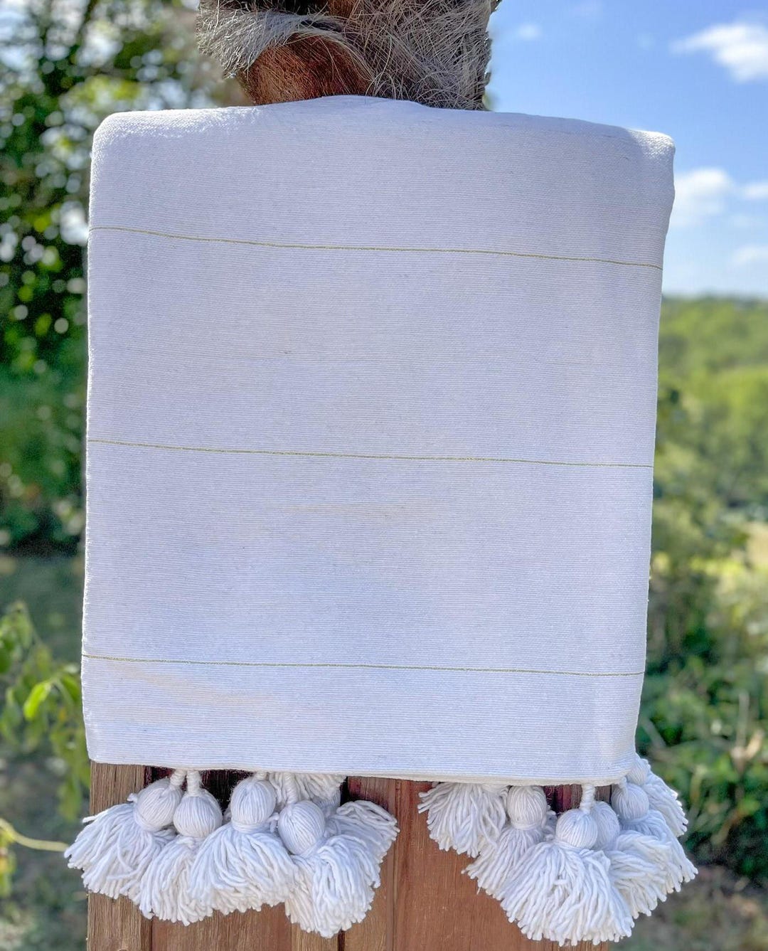 Moroccan Cotton Throw With Pom-poms in White With Gold Stripes, Pom-pom ...