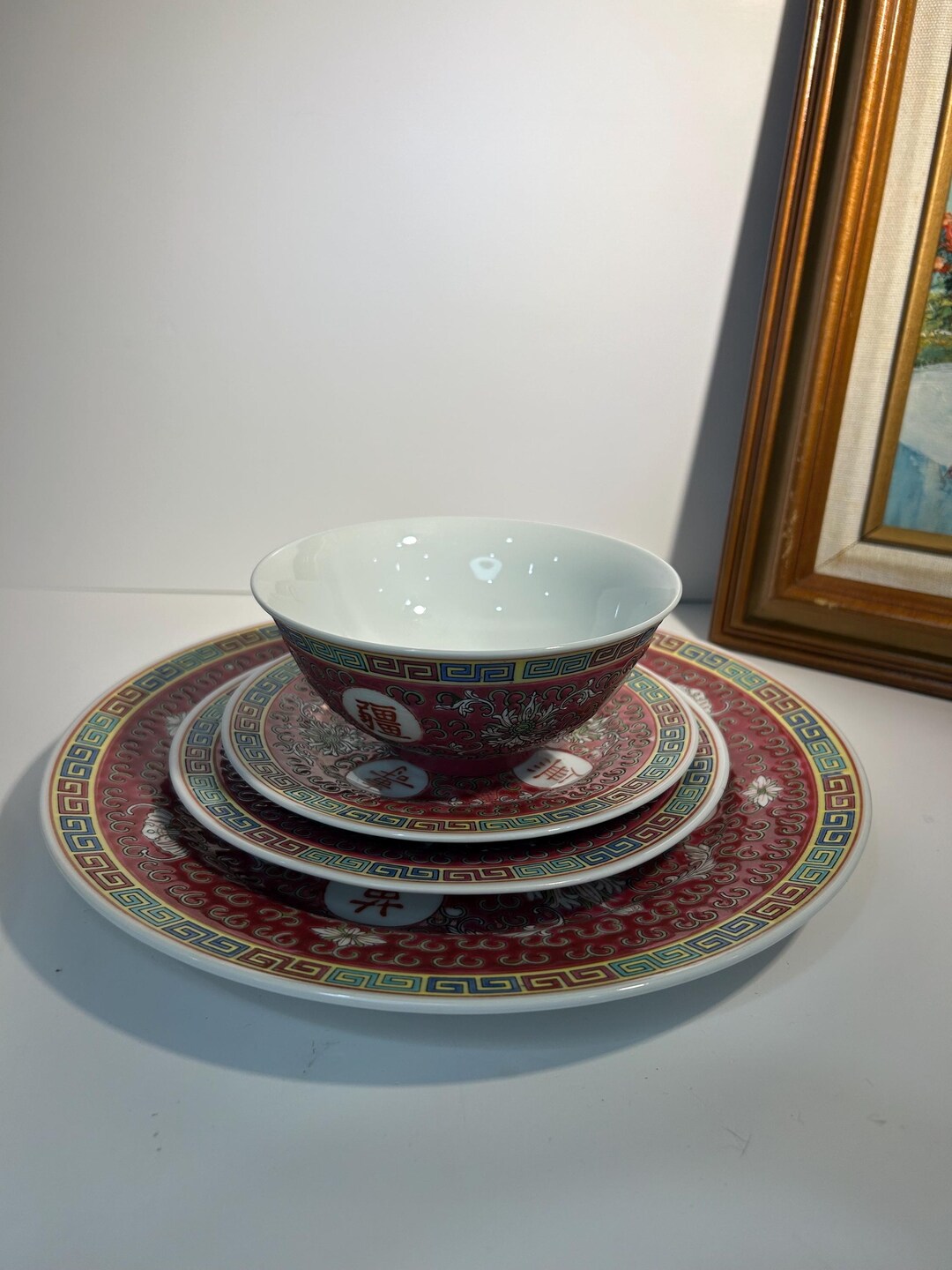 Vintage Chinese Famille Rose Porcelain Red Mun Shou Hand Made Plates ...
