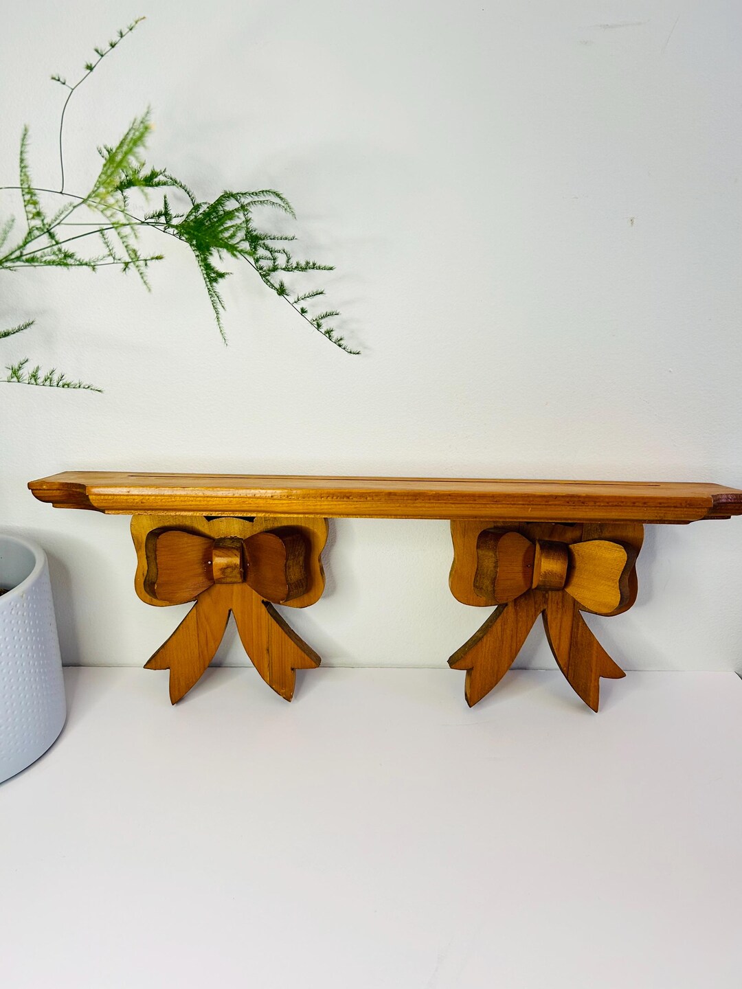 Vintage Wood Shelf With Plate Groove, Double Bow Design Wall Hanging 18 ...