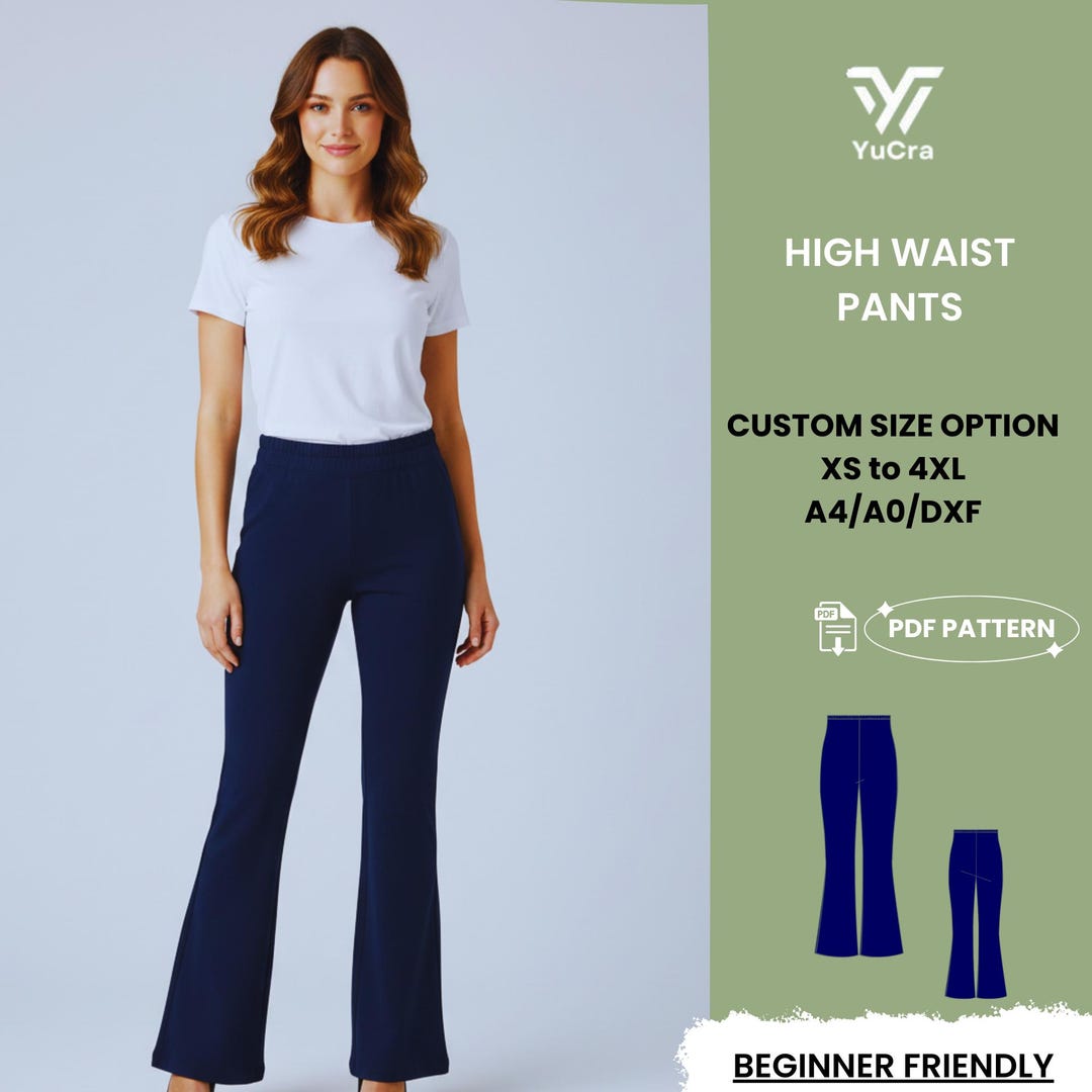 High Waist Pants PDF Sewing Pattern | Women's Elastic Waist Flared ...