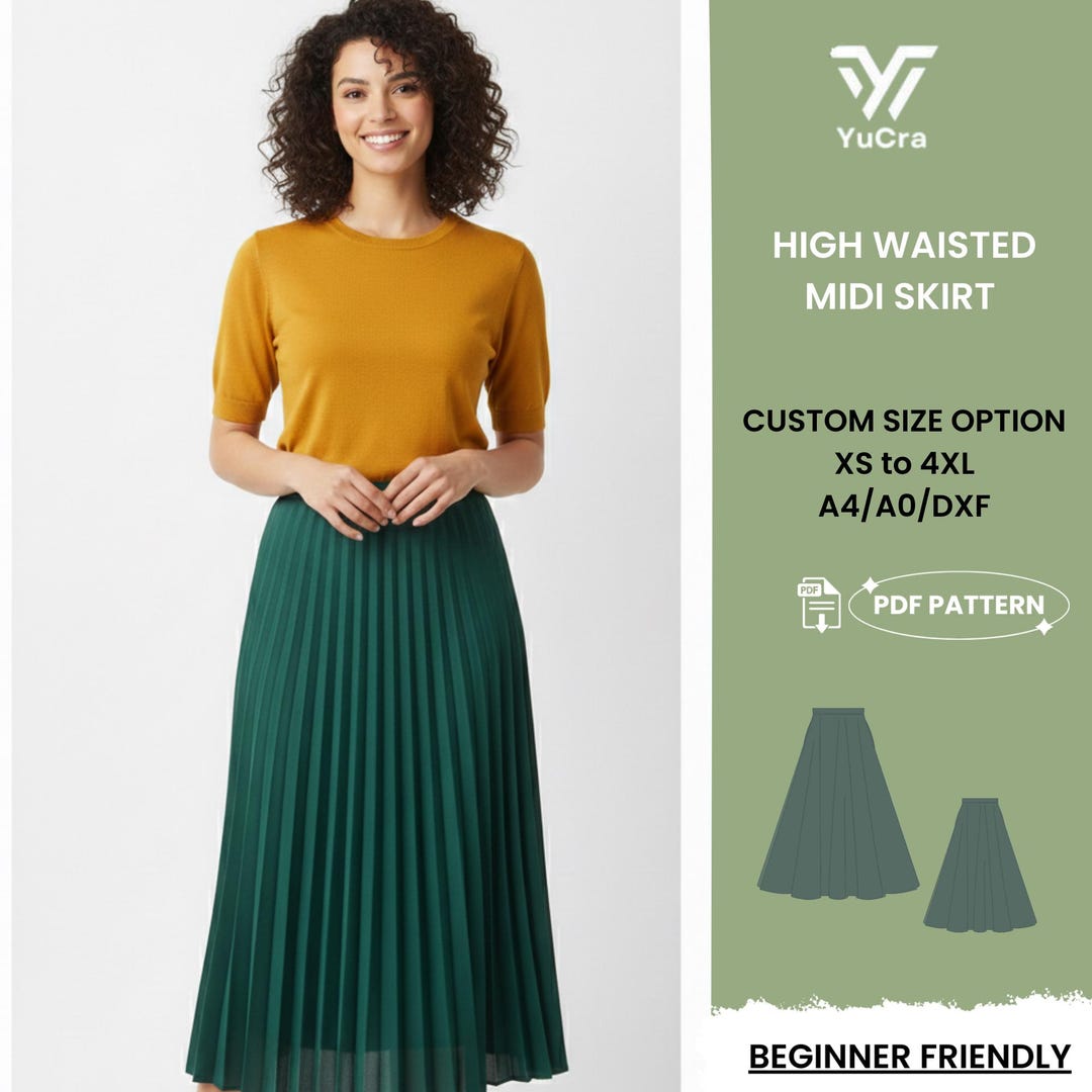 Women's High Waisted Midi Skirt Pdf Sewing Pattern | Dark Green Pleated ...