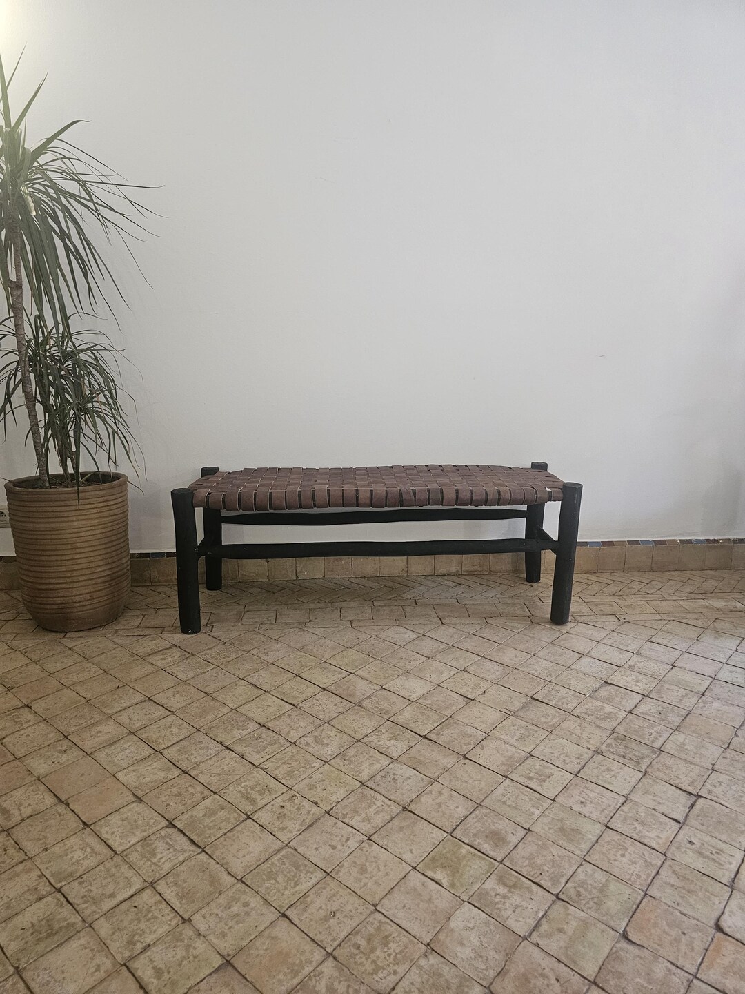 Moroccan Bench With Brown Leather and Black Wood - Etsy