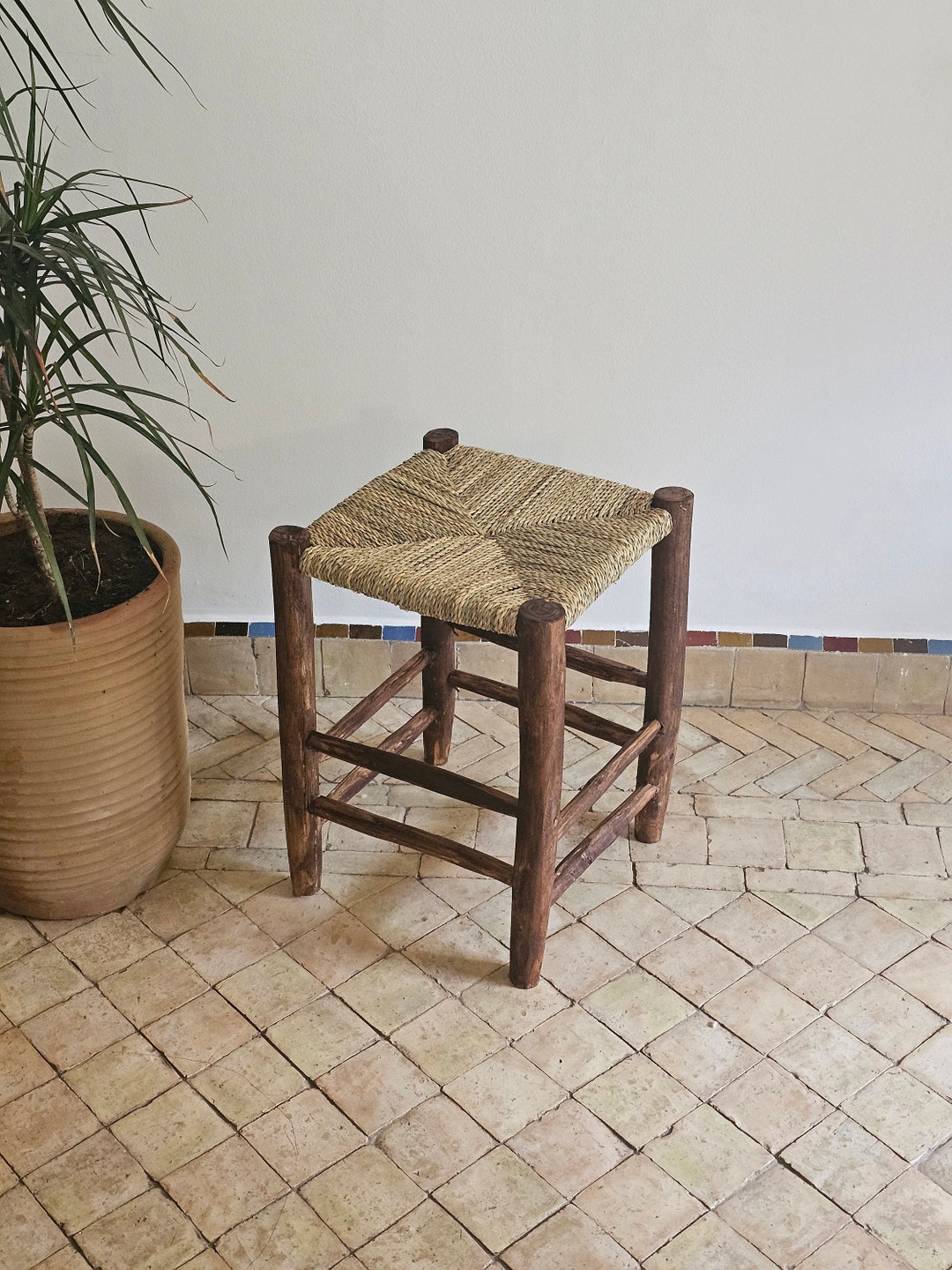 Small Moroccan Stool Made of Wood and Natural Rope - Etsy