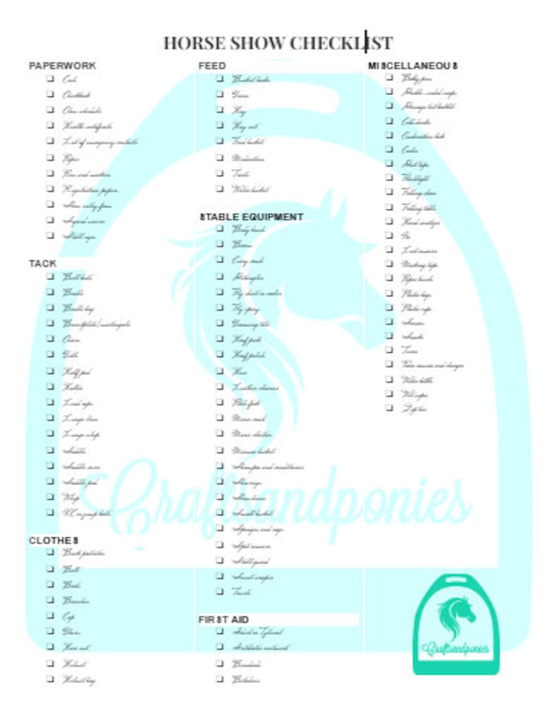 Horse Show Checklist Showing Checklist for Horse Camp Packing Checklist ...
