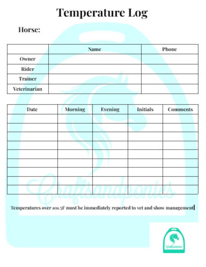 Horse Temperature Log Horse Care Record for Horse Vet Digital Download ...