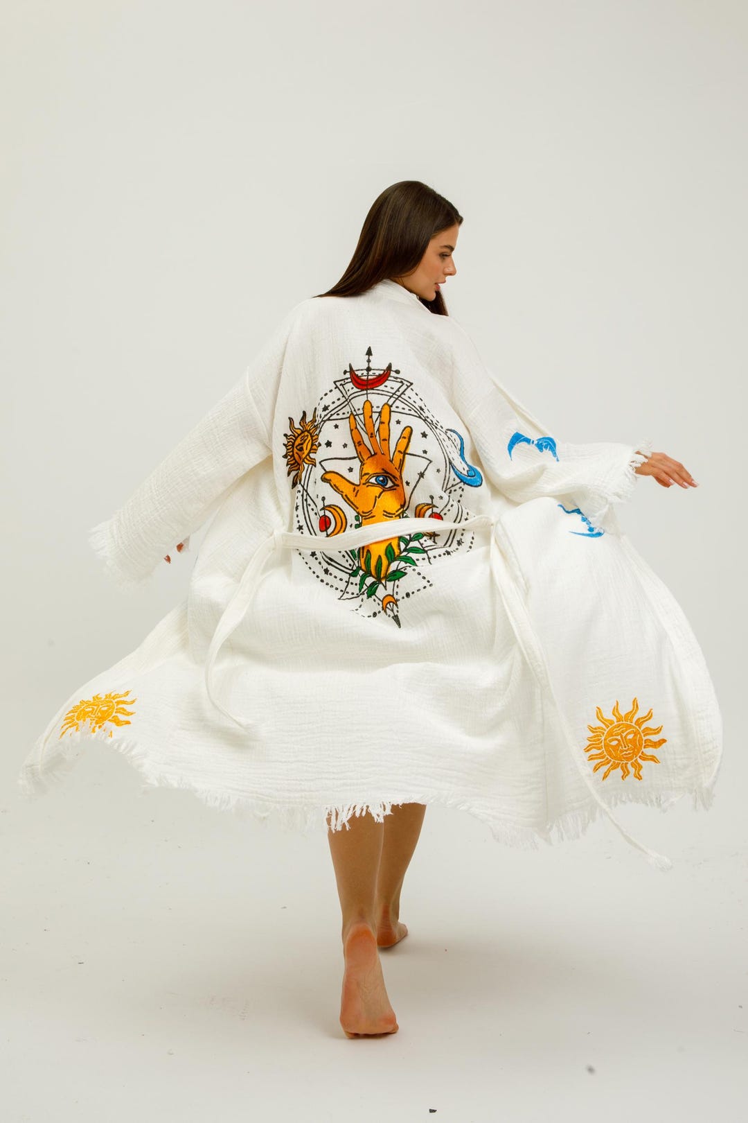 Hand-painted Evil Eye Muslin Robe: Organic Turkish Cotton Kimono - Etsy