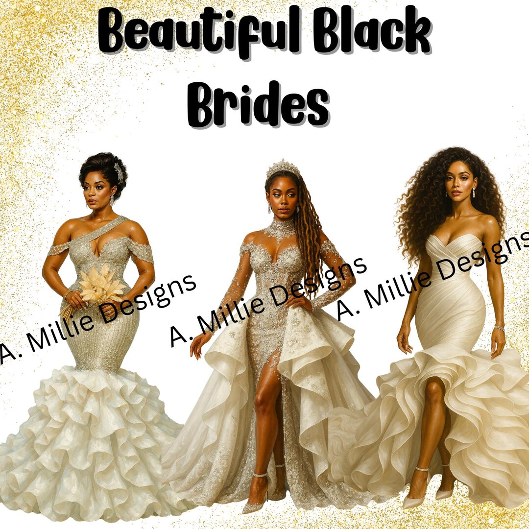 Elegant Black Bride Clipart | Curly Hair, Wedding Illustration (digital ...