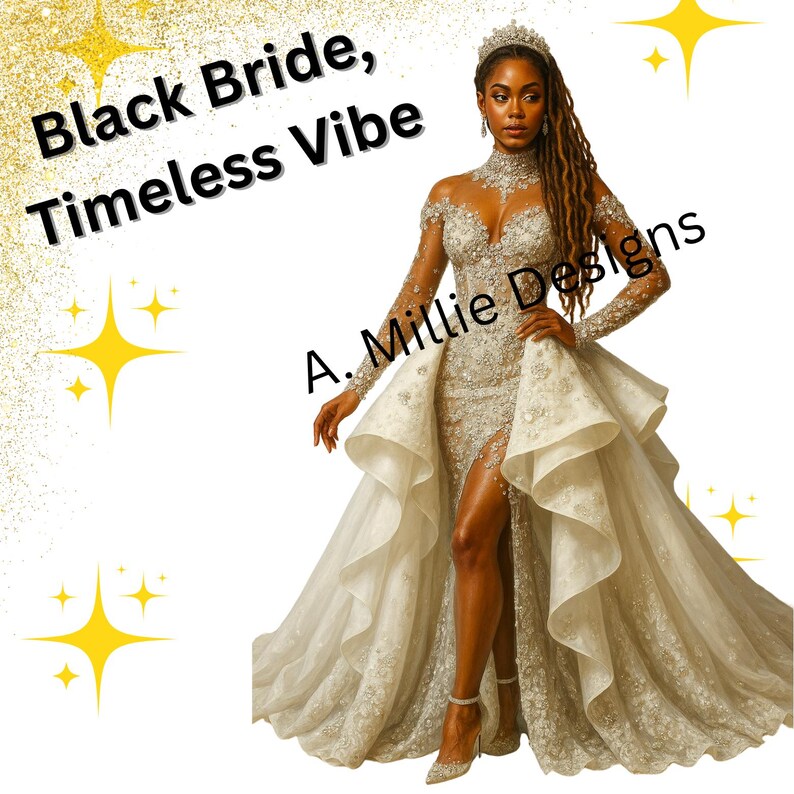 Elegant Black Bride Clipart | Curly Hair, Wedding Illustration (digital ...