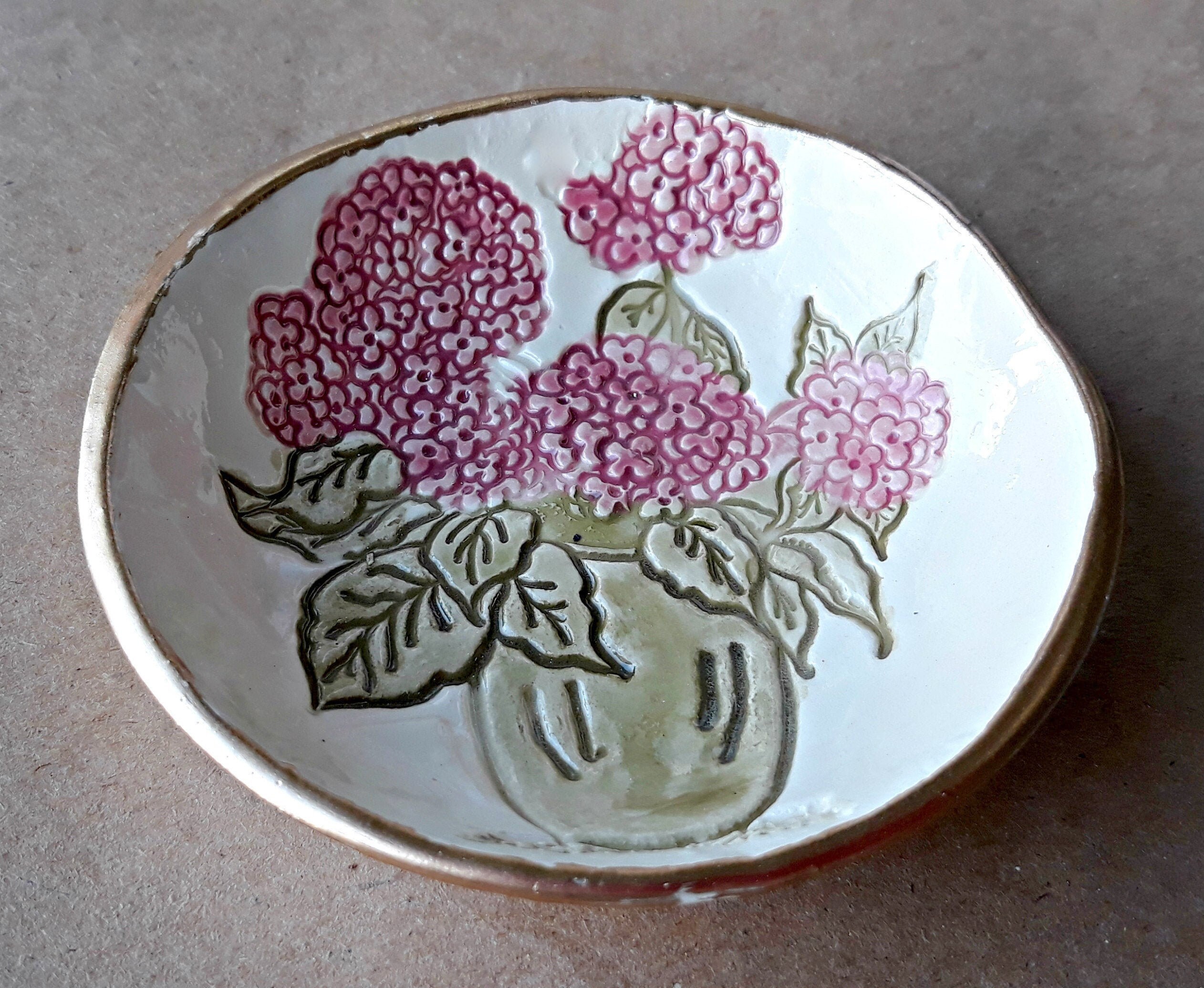 Ceramic Hydrangea Ring Bowl Ring Dish Trinket Dish Edged in | Etsy