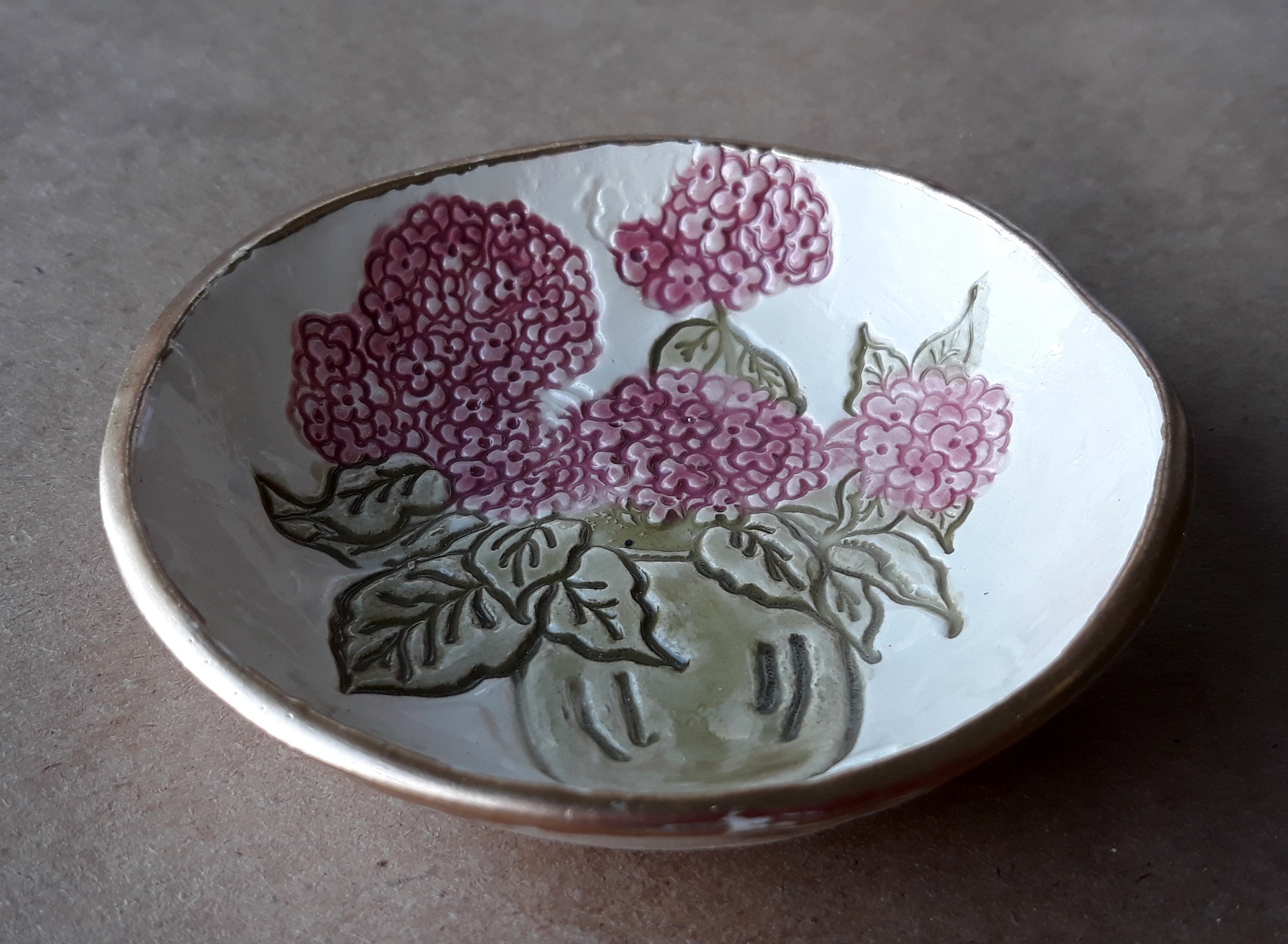 Ceramic Hydrangea Ring Bowl Ring Dish Trinket Dish Edged in | Etsy