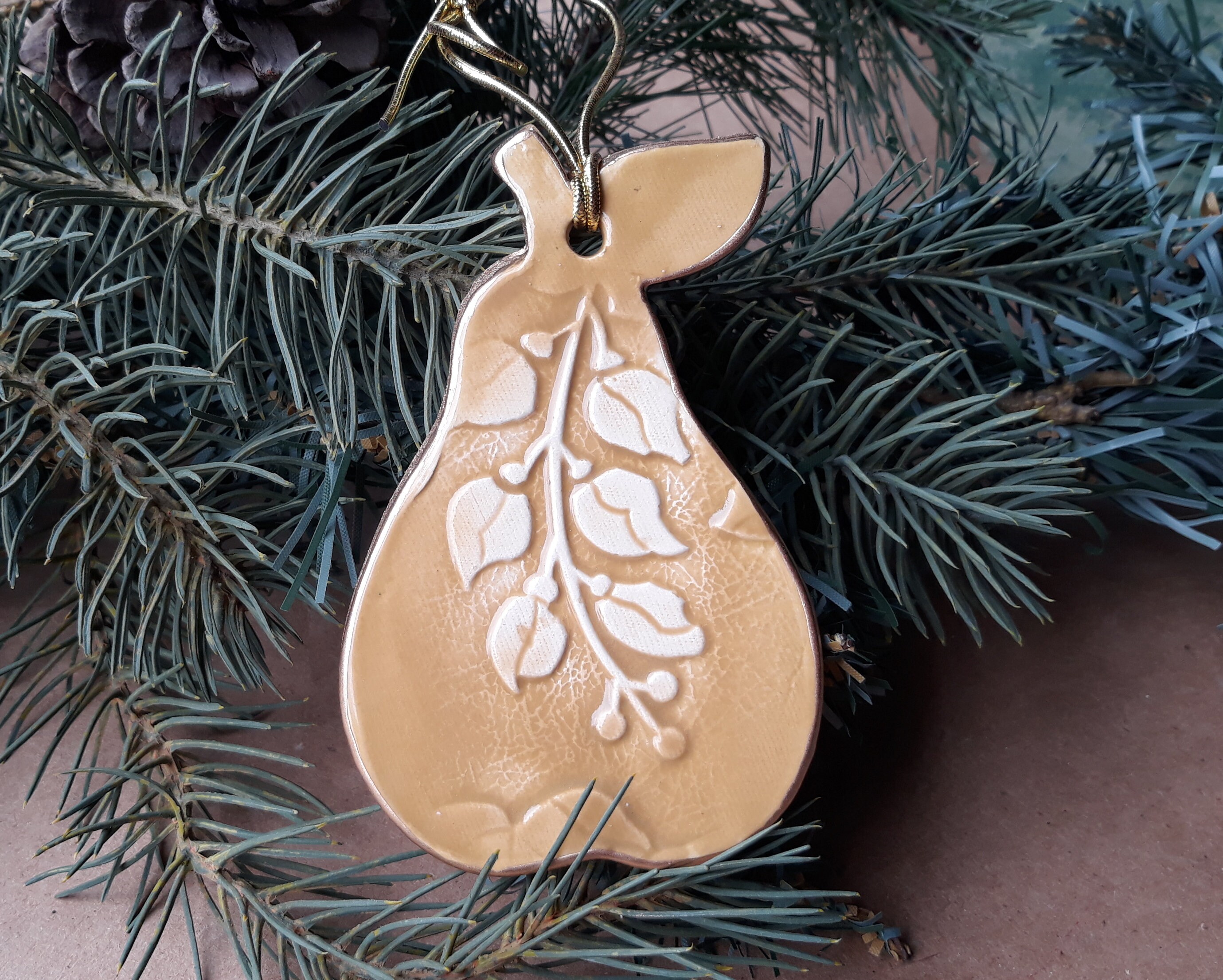 TWO Ceramic Pear Christmas Ornaments Holiday Decor mustard | Etsy