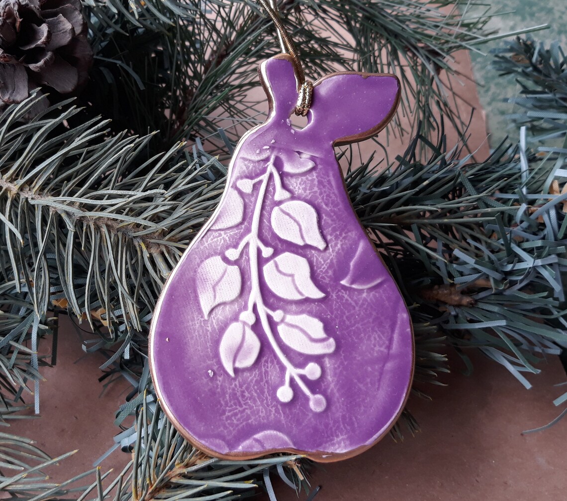 TWO Ceramic Pear Christmas Ornaments Holiday Decor Purple Edged in Gold ...