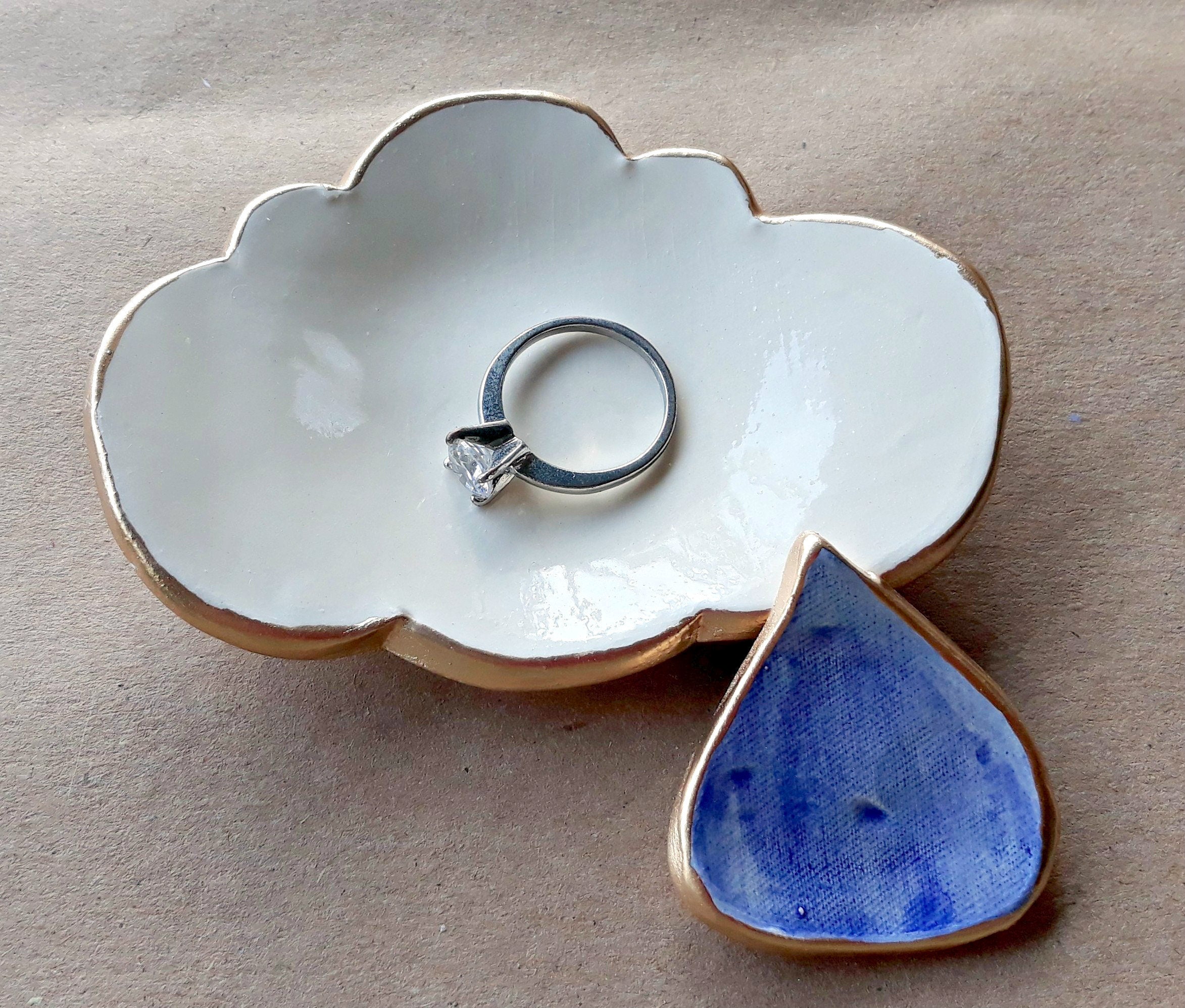 Ceramic cloud ring dish with rain drop edged in gold | Etsy