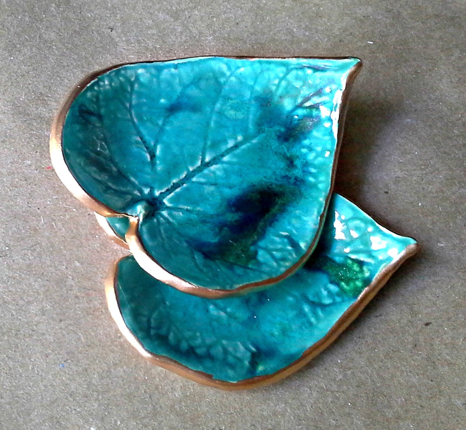 Ceramic Leaf Set TWO Small Ring Dishes Malachite GREEN Edged - Etsy