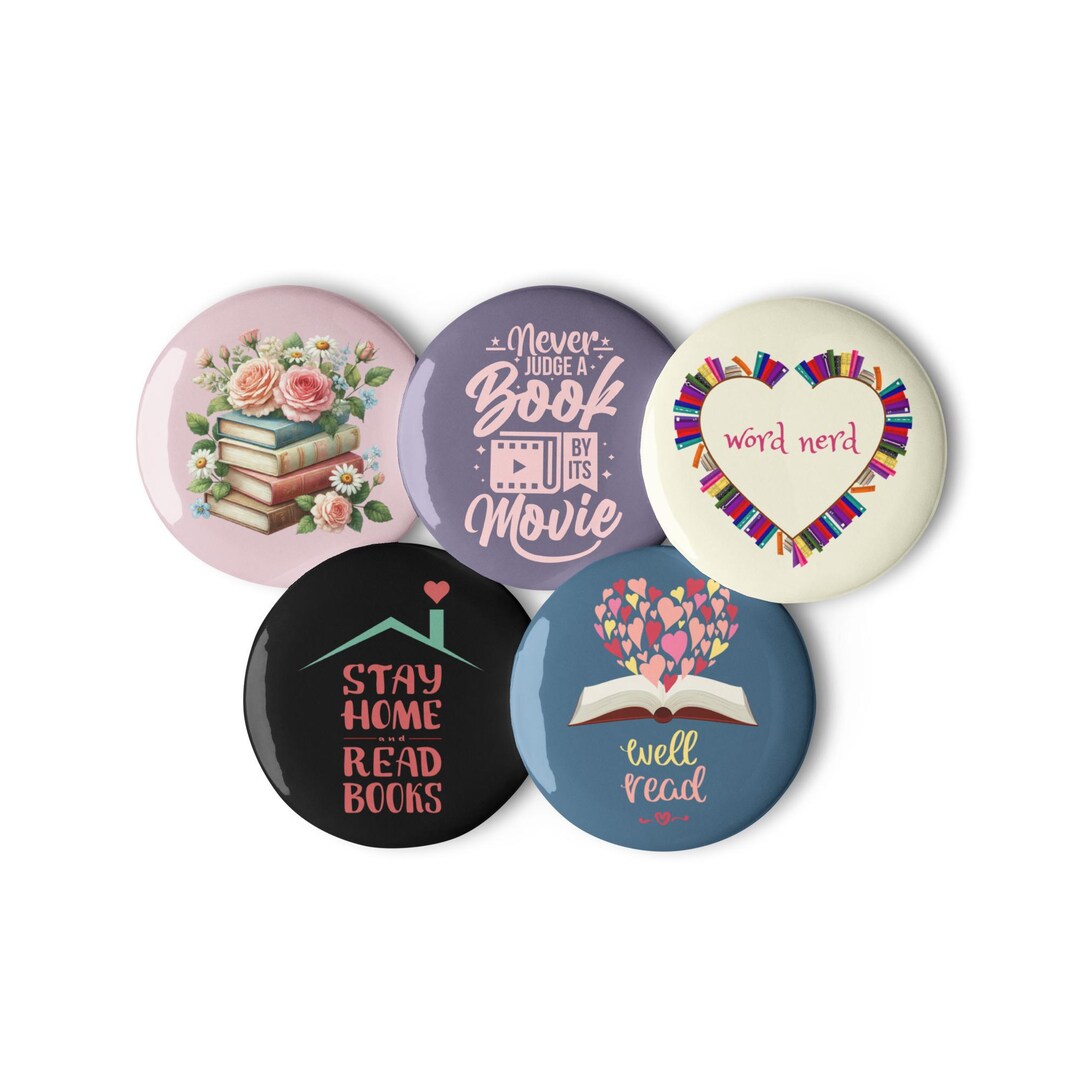 Sweet Lovely 2.25" Pin Buttons for Book Lovers and Readers (set of 5 ...