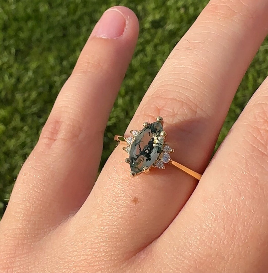 Marquise Moss Agate Ring 14k Gold, Moss Agate Engagement Ring, Cluster Ring, Natural Crystal ...
