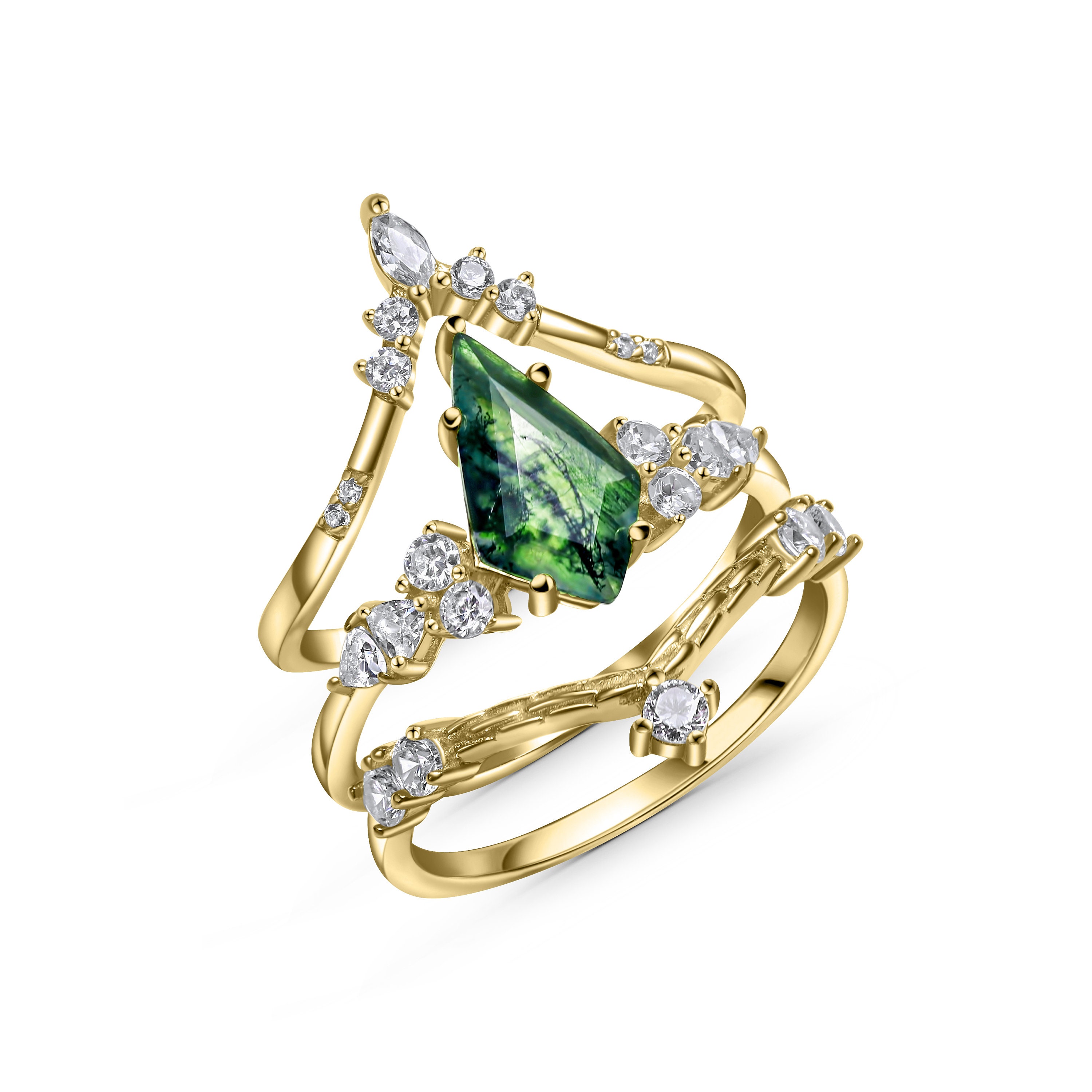 Kite Moss Agate 14k Yellow Gold Ring Set: Crystal Wedding Set - Etsy