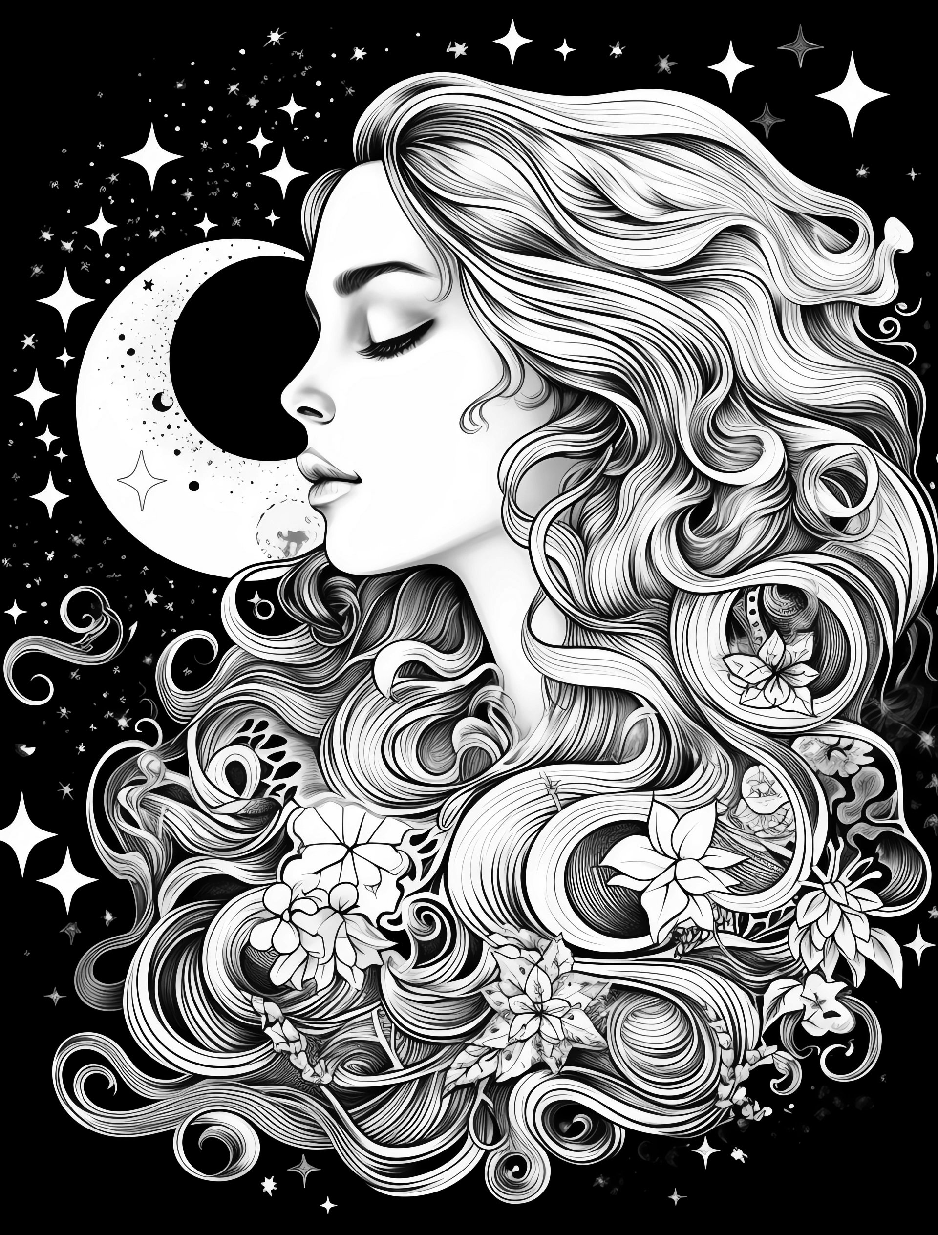Moonbeams and Maidens Grayscale Coloring Book Women Coloring Moon ...