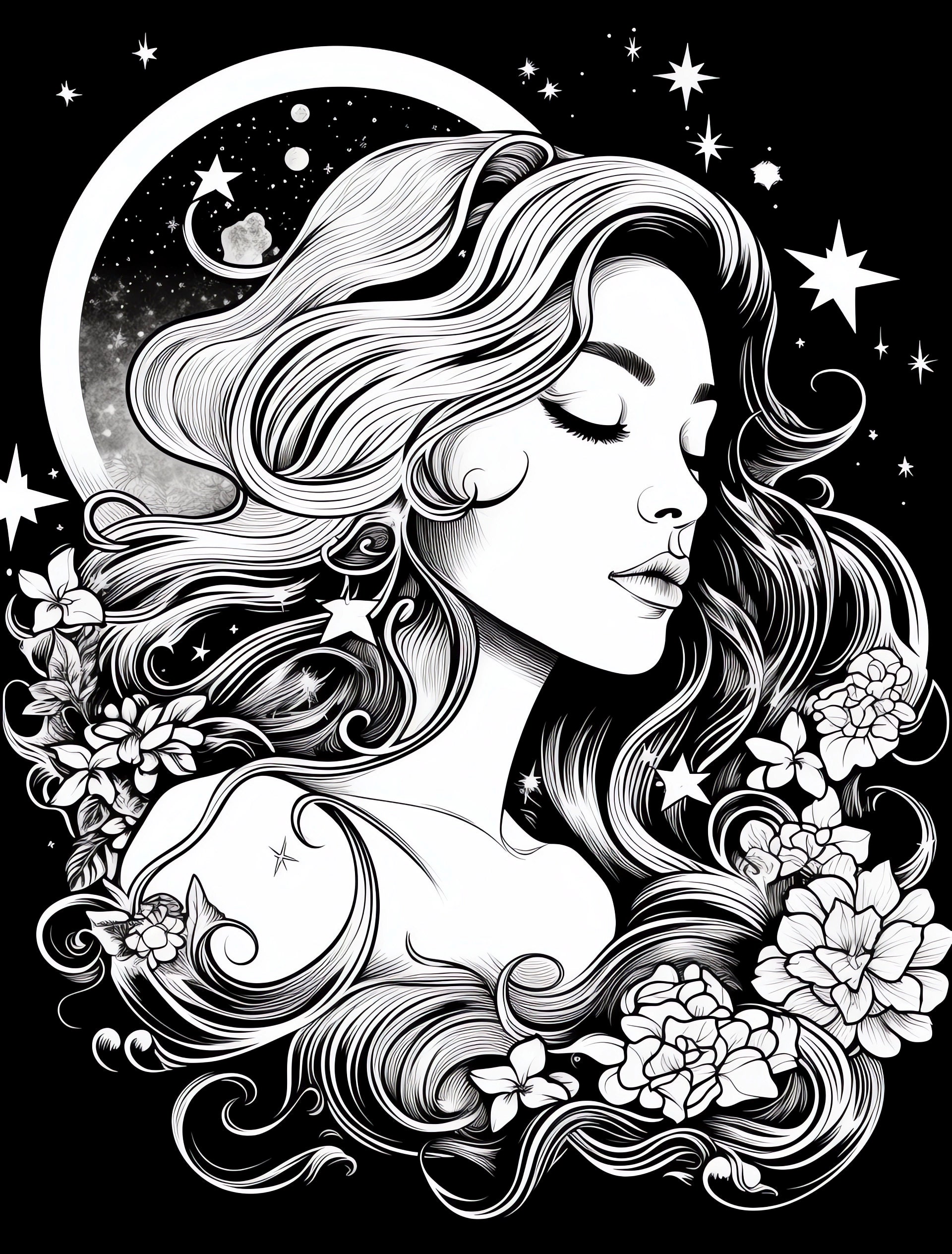 Moonbeams and Maidens Grayscale Coloring Book Women Coloring Moon ...