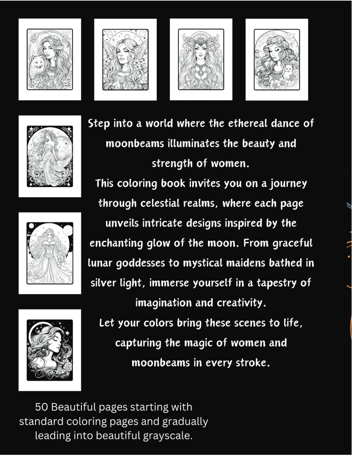 Moonbeams and Maidens Grayscale Coloring Book Women Coloring Moon ...