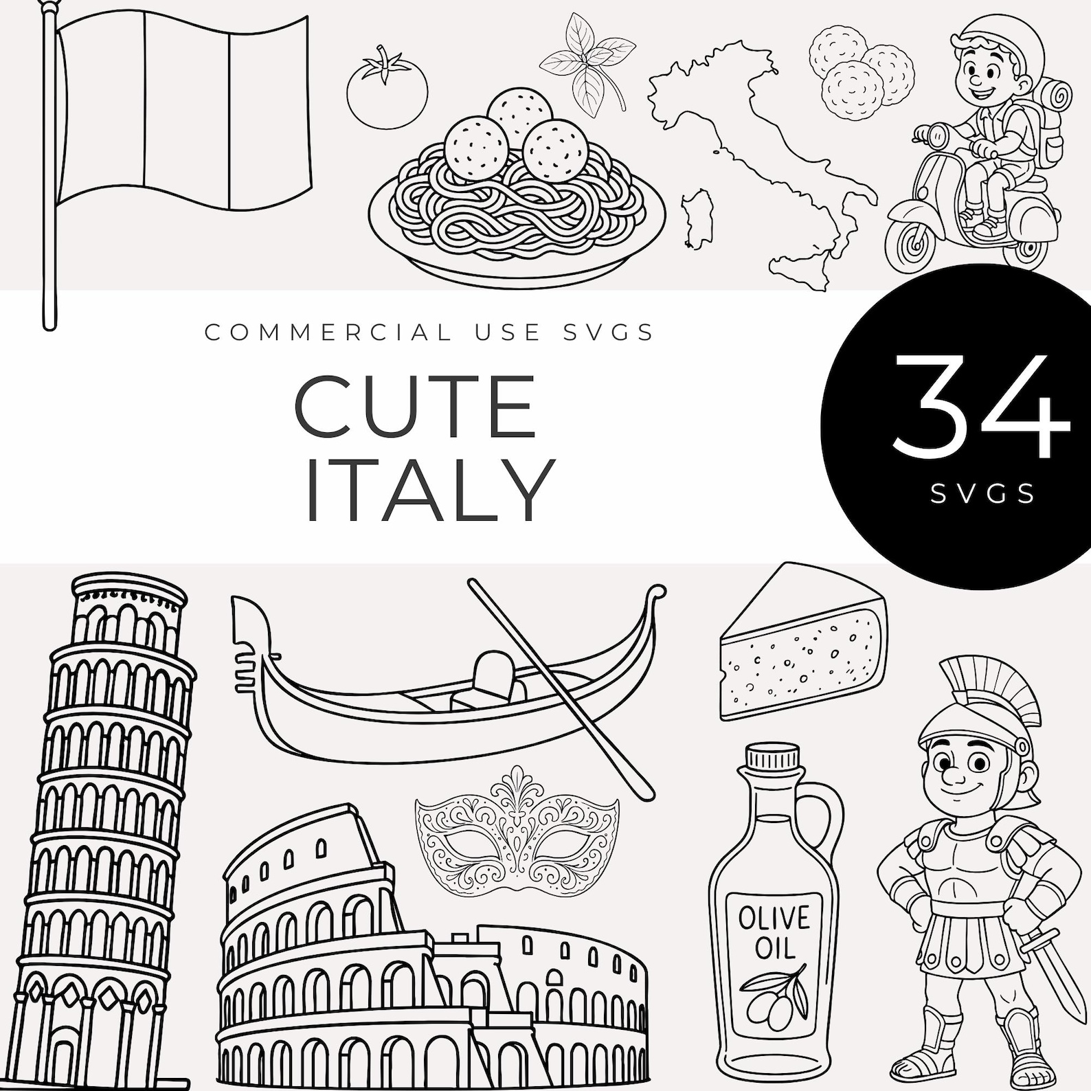 Cute Italy Svgs, Black & White Monoline Line Art Icons of Food ...