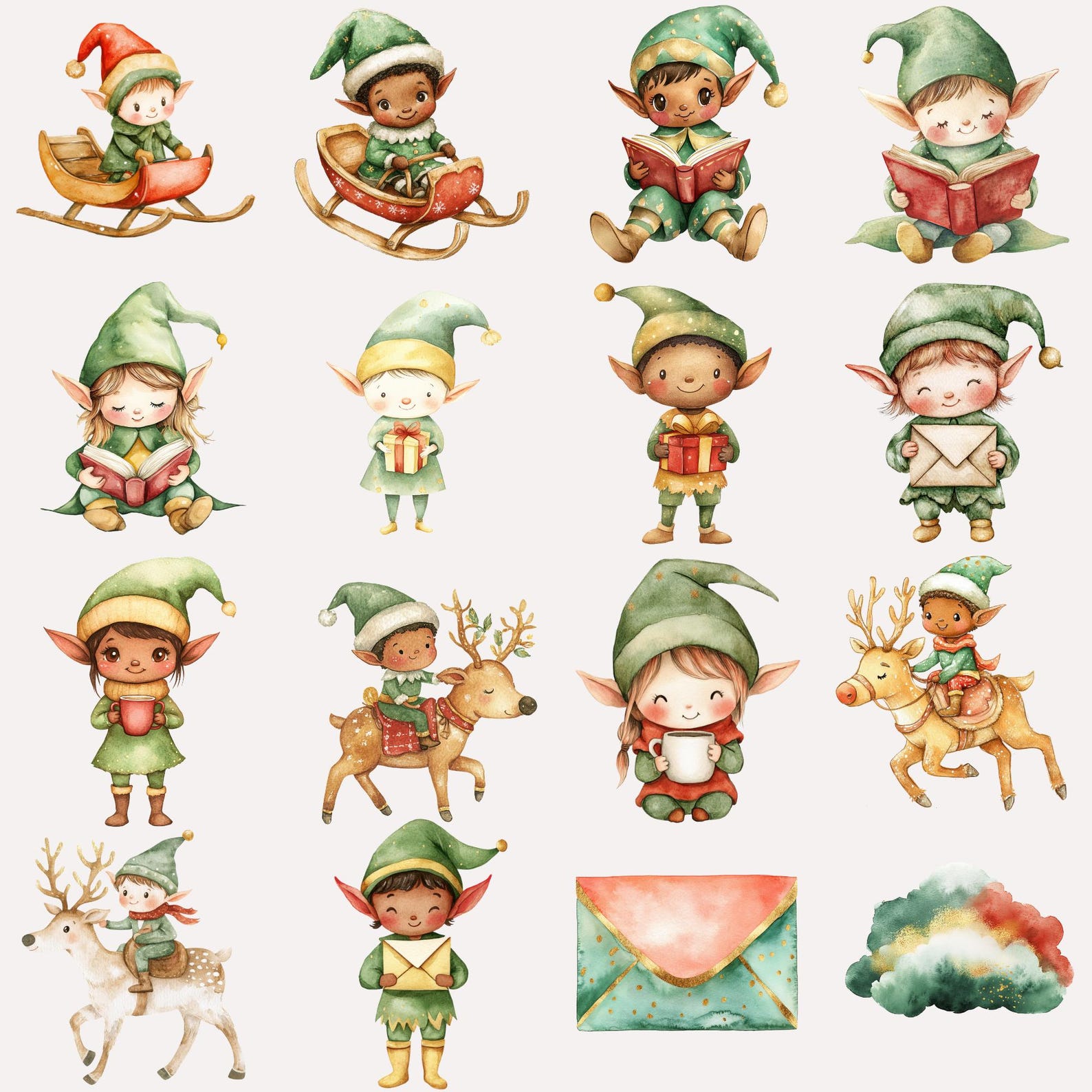 Cute Christmas Elves Clipart INSTANT DOWNLOAD Watercolor Santa's ...