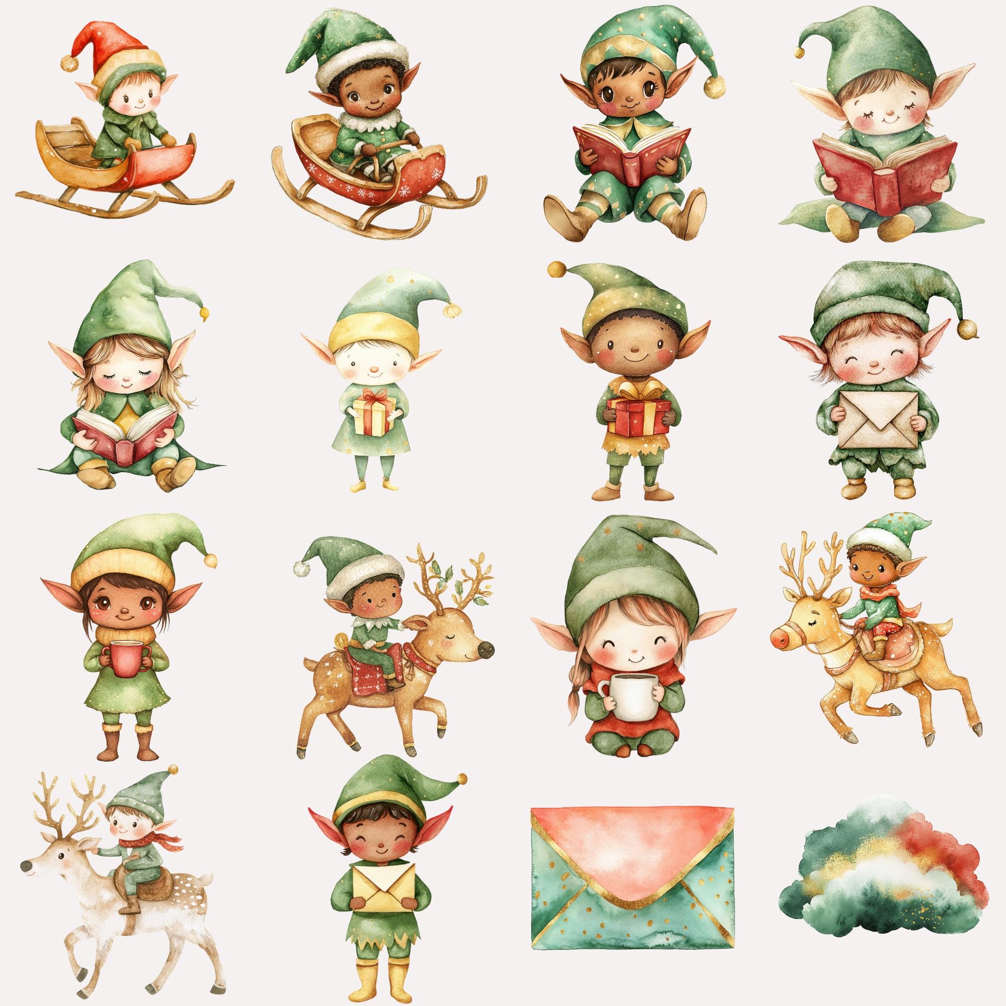 Cute Christmas Elves Clipart INSTANT DOWNLOAD Watercolor Santa's ...