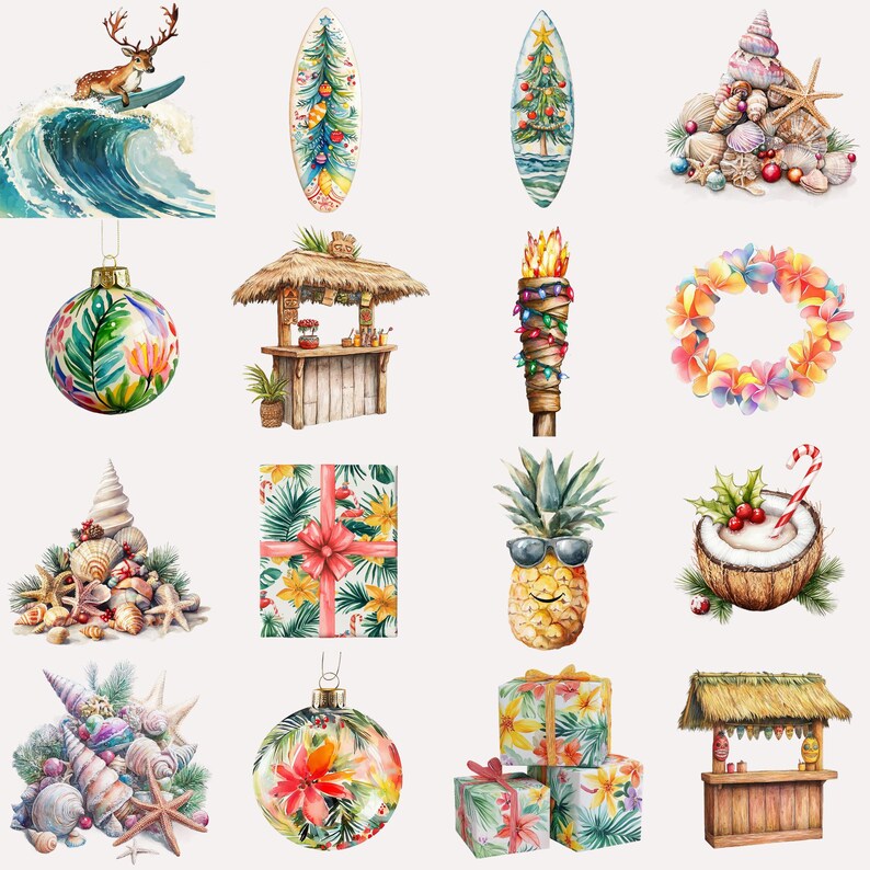 Tropical Christmas Clipart, Instant Download, Watercolor Santa in July ...