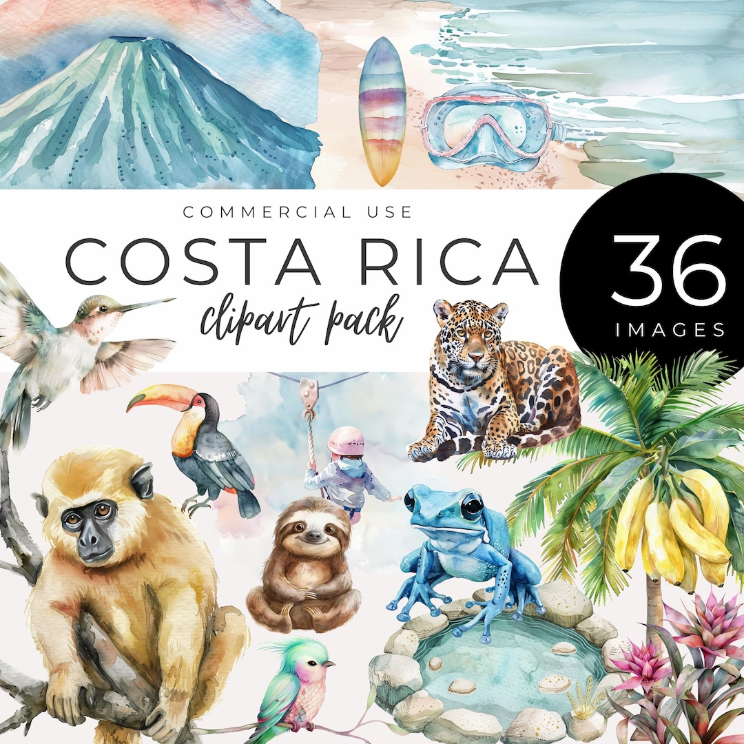 Costa Rica Clipart INSTANT DOWNLOAD Watercolor Wildlife, Birds, Jungle ...