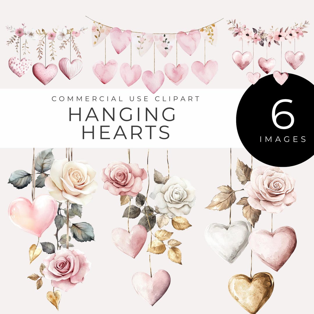 Hanging Hearts Clipart, Instant Download, Watercolor Romantic Floral ...