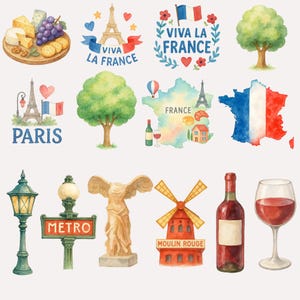 Cute Paris Clipart, Instant Download, Watercolor France Landmarks ...