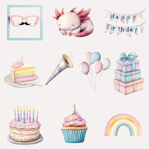 Axolotl Birthday Clipart, Instant Download, Cute Watercolor Party PNG ...
