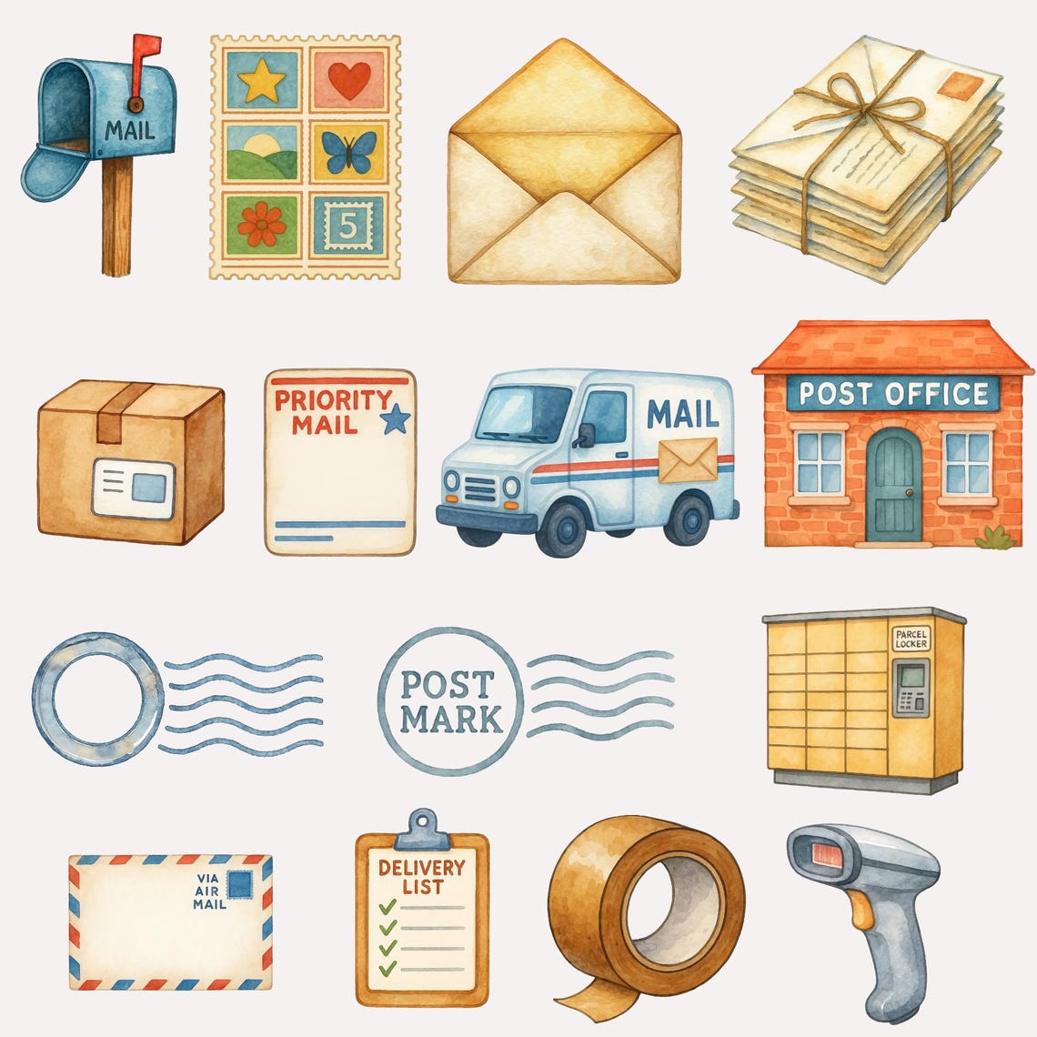 Watercolor Post Office Clipart, Instant Download, Cute Mail Carrier ...