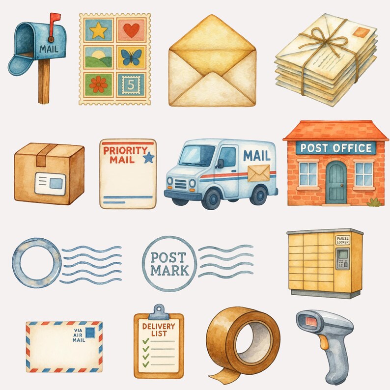 Watercolor Post Office Clipart, Instant Download, Cute Mail Carrier ...