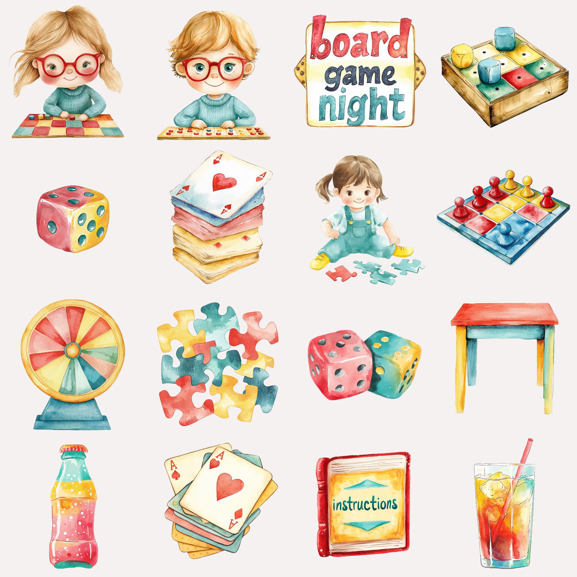Cute Family Game Night Clipart Instant Download Watercolor Board Games ...