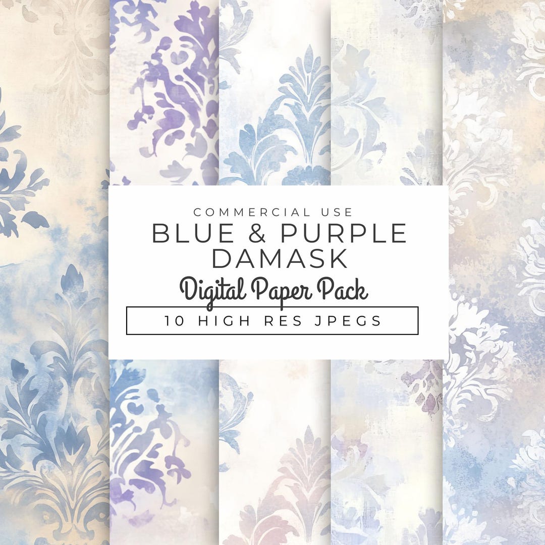 Blue & Purple Damask Digital Paper, Instant Download, Elegant Ornate ...