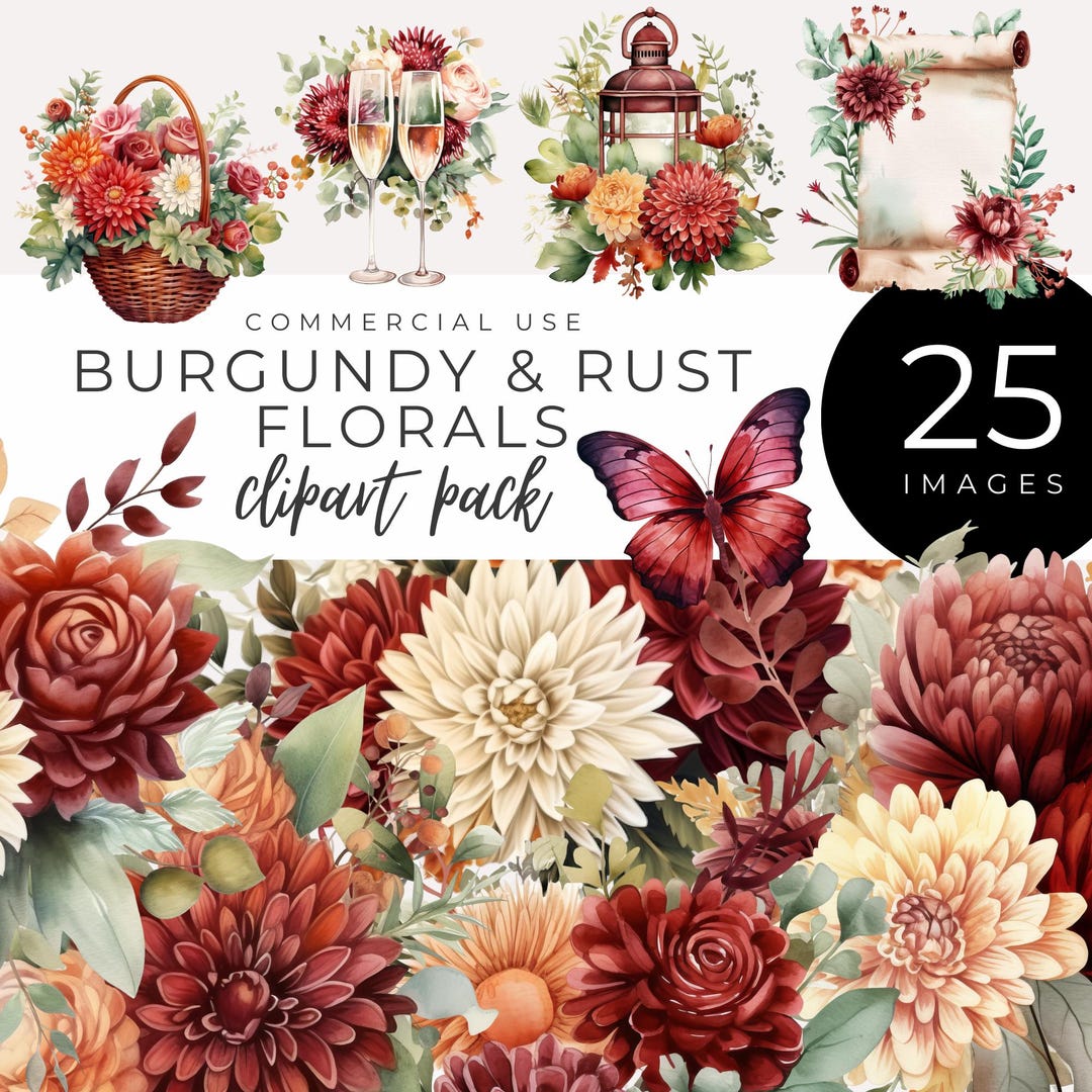 Watercolor Burgundy and Rust Floral Clipart INSTANT DOWNLOAD Autumn ...