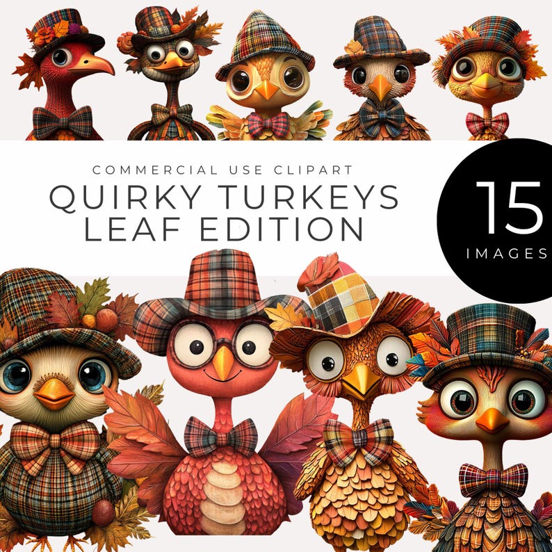 Quirky Turkey Clipart Pack INSTANT DOWNLOAD Fun Thanksgiving Cartoon ...
