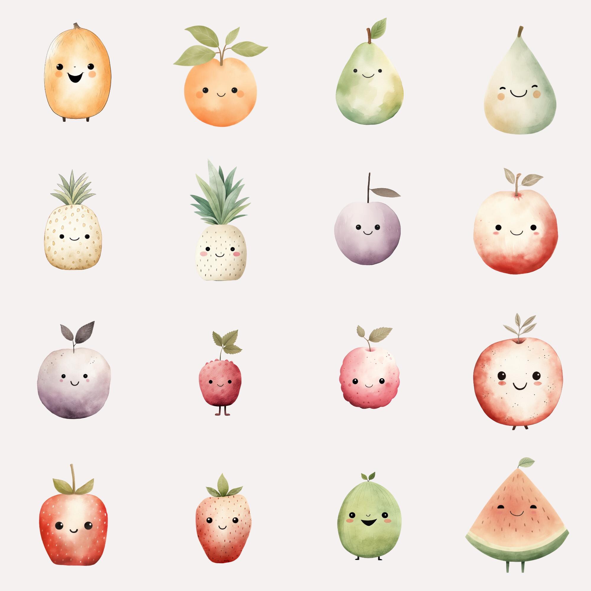 Adorable Smiling Fruit Clipart INSTANT DOWNLOAD Cute Fruit Characters ...
