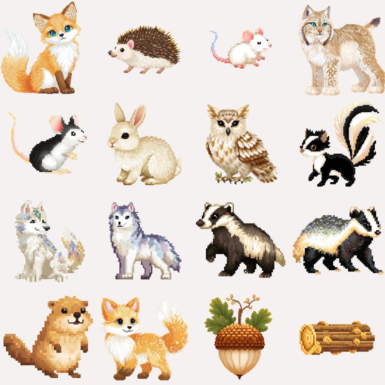 Woodland Pixel Clipart, Instant Download, Cute Pixel Forest Animals ...