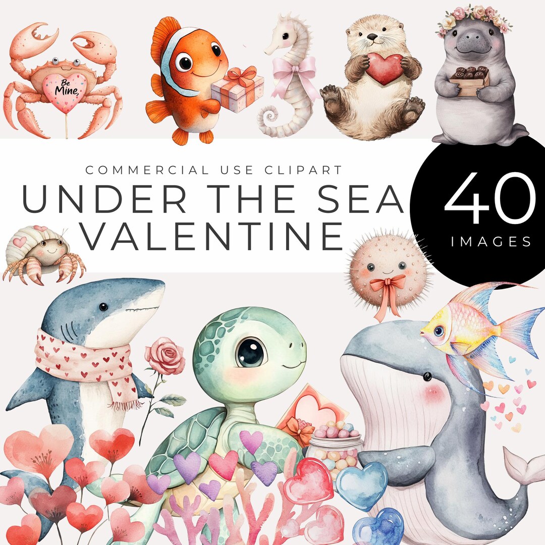 Watercolor Under the Sea Valentine's Day Clipart, Cute Ocean Animals ...
